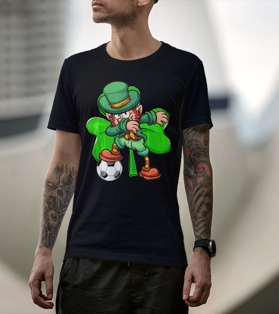 Dabbing Leprechaun Kicking Soccer Ball With Shamrock Background T-Shirt