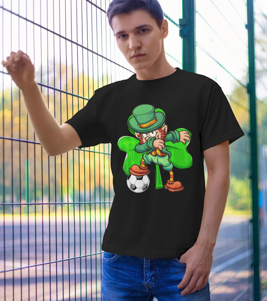 Dabbing Leprechaun Kicking Soccer Ball With Shamrock Background T-Shirt