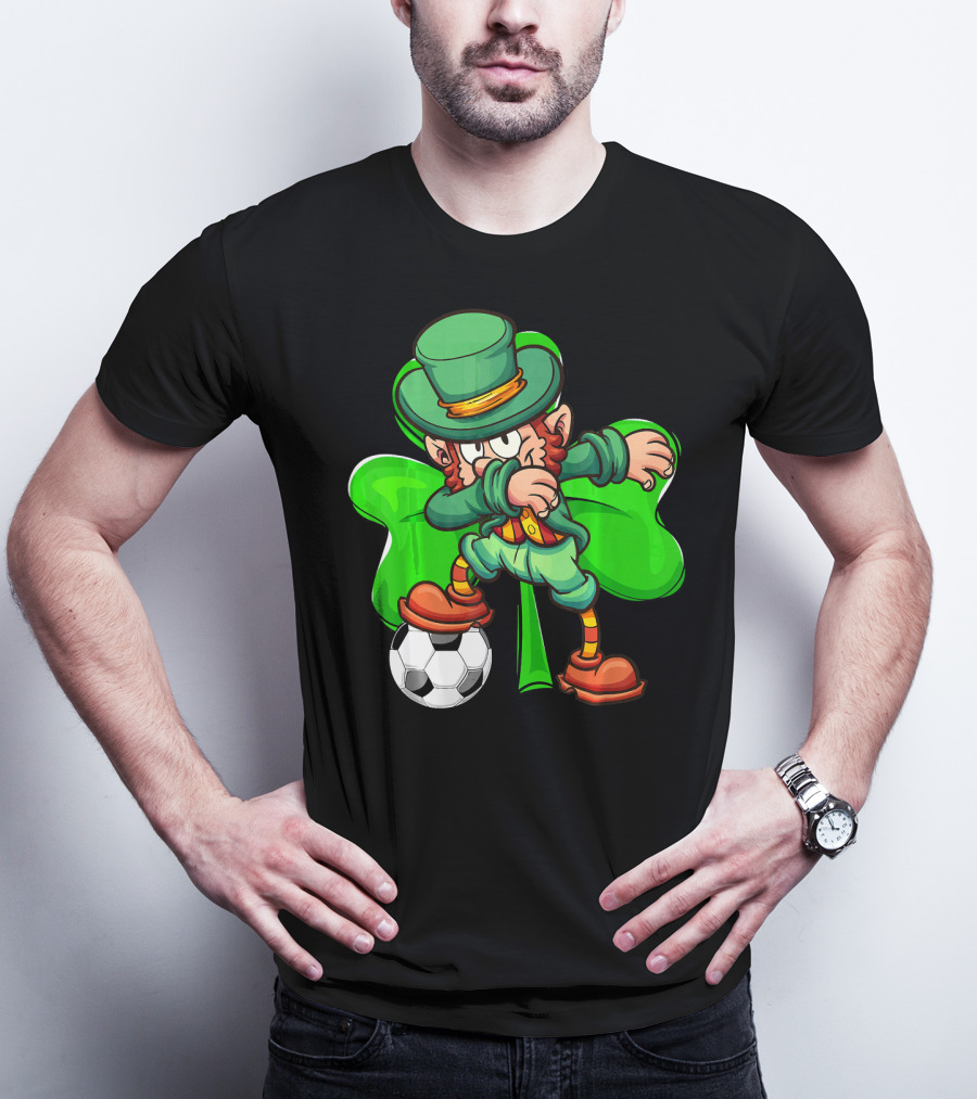 Dabbing Leprechaun Kicking Soccer Ball With Shamrock Background T-Shirt