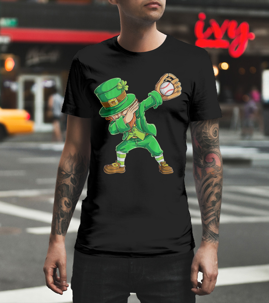 Dabbing Leprechaun Baseball Glove Pitcher Fantasy T-Shirt