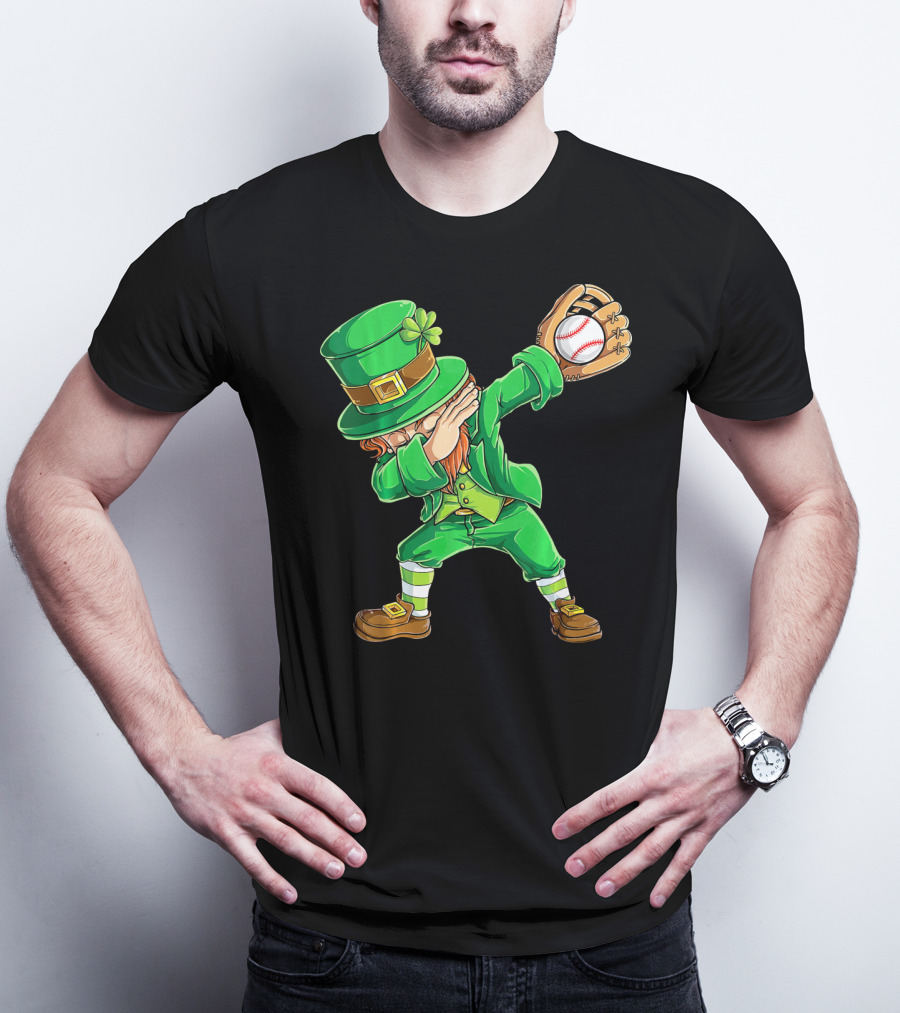 Dabbing Leprechaun Baseball Glove Pitcher Fantasy T-Shirt