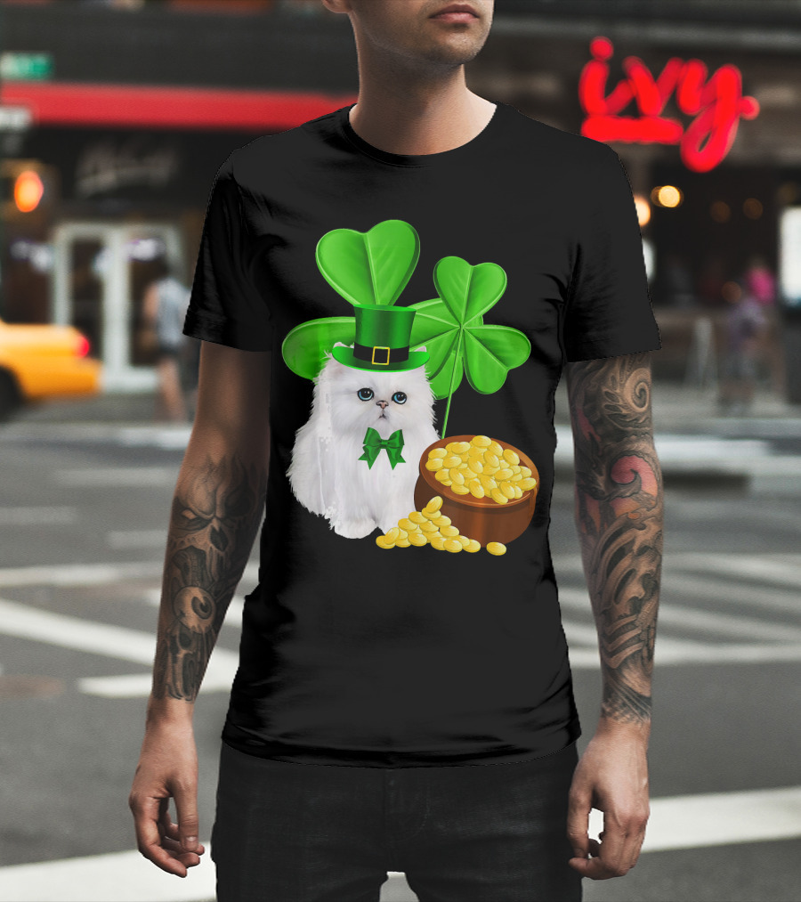 Persian Cat With Leprechaun Hat And Shamrocks St Patricks Day T-Shirt