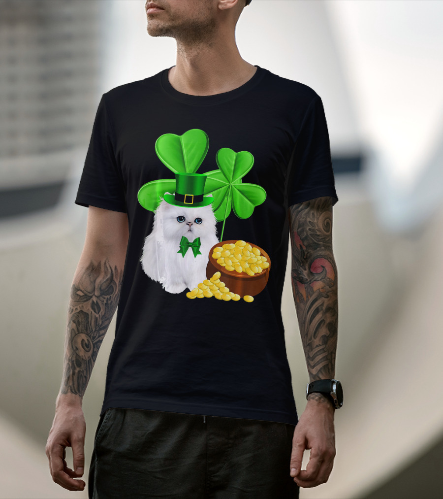 Persian Cat With Leprechaun Hat And Shamrocks St Patricks Day T-Shirt