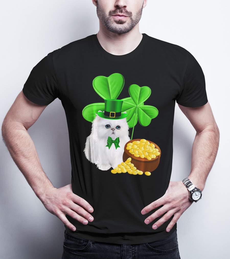 Persian Cat With Leprechaun Hat And Shamrocks St Patricks Day T-Shirt