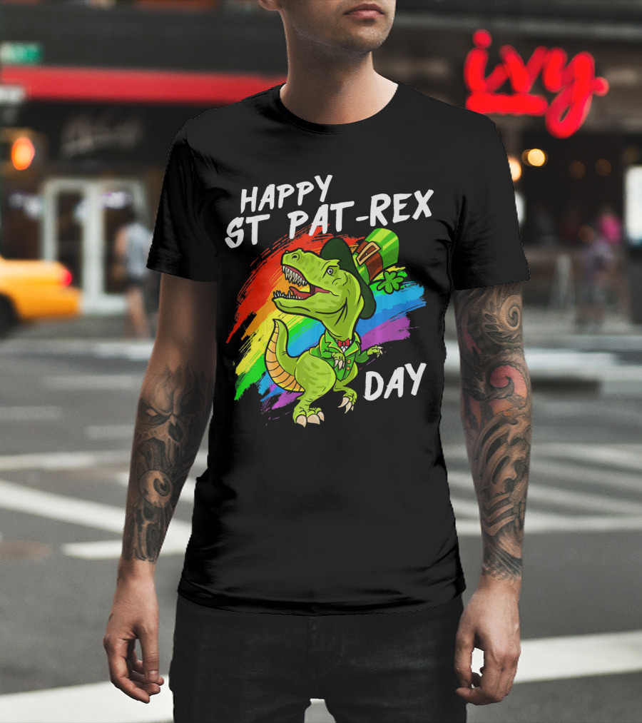 Happy St Pat Rex Day Cute St Patrick Dinosaur Rainbow T-Shirt