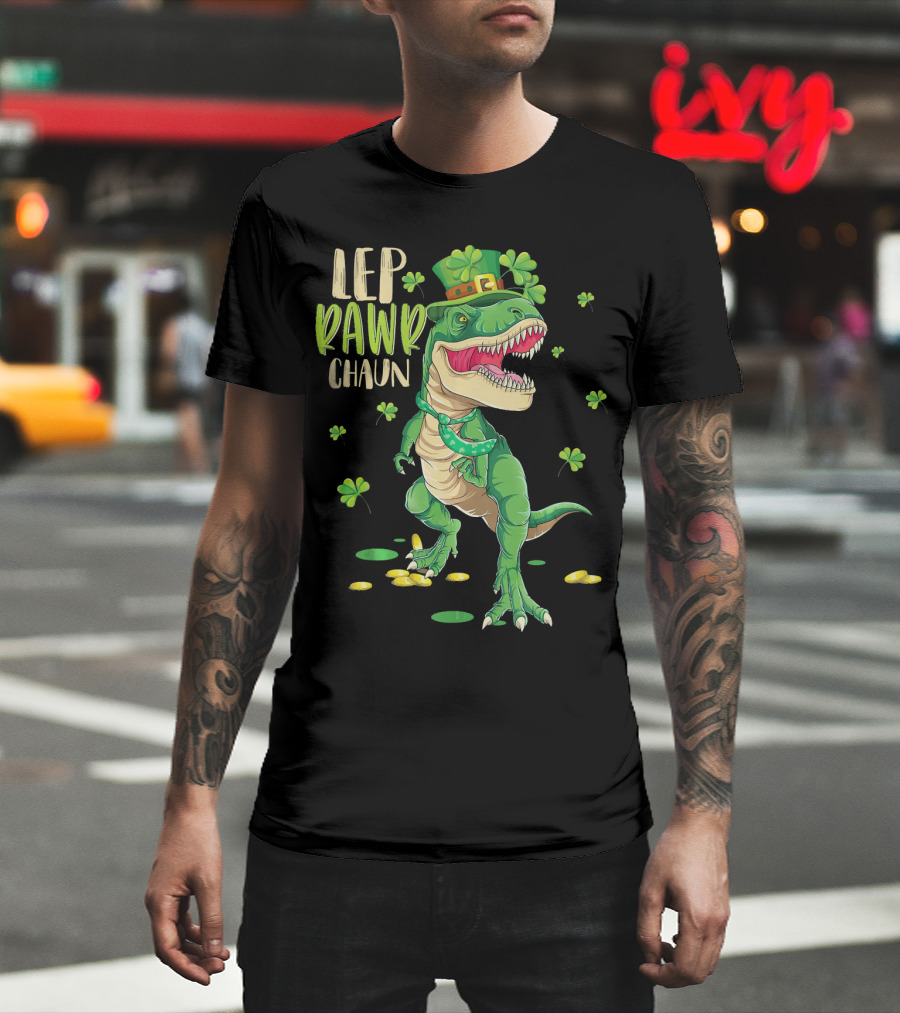 Leprawrchaun St. Patrick's Day Dinosaur With Shamrocks And Gold Coins T-Shirt