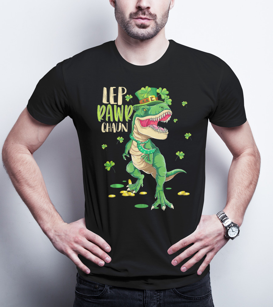 Leprawrchaun St. Patrick's Day Dinosaur With Shamrocks And Gold Coins T-Shirt