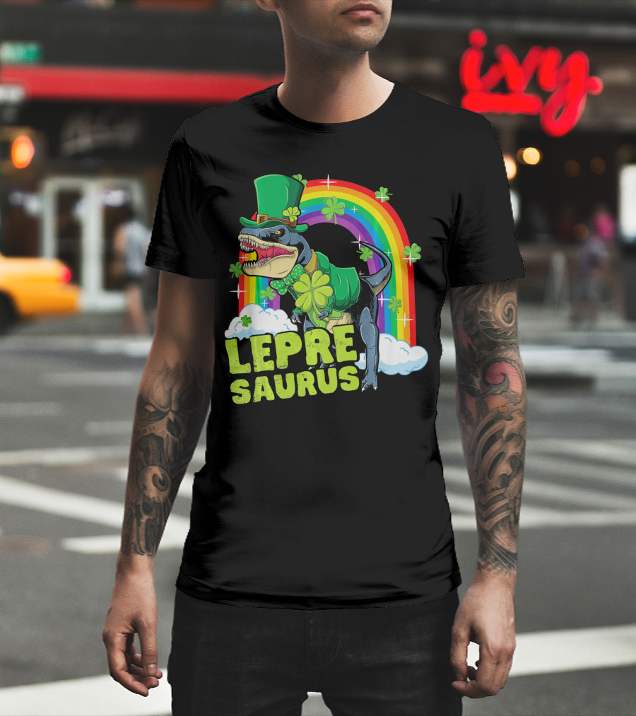 Lepresaurus Dinosaur With Shamrocks And Rainbow St Patrick's Day T-Shirt