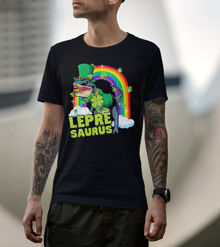 Lepresaurus Dinosaur With Shamrocks And Rainbow St Patrick's Day T-Shirt