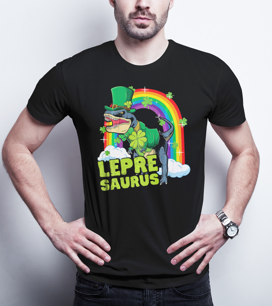 Lepresaurus Dinosaur With Shamrocks And Rainbow St Patrick's Day T-Shirt