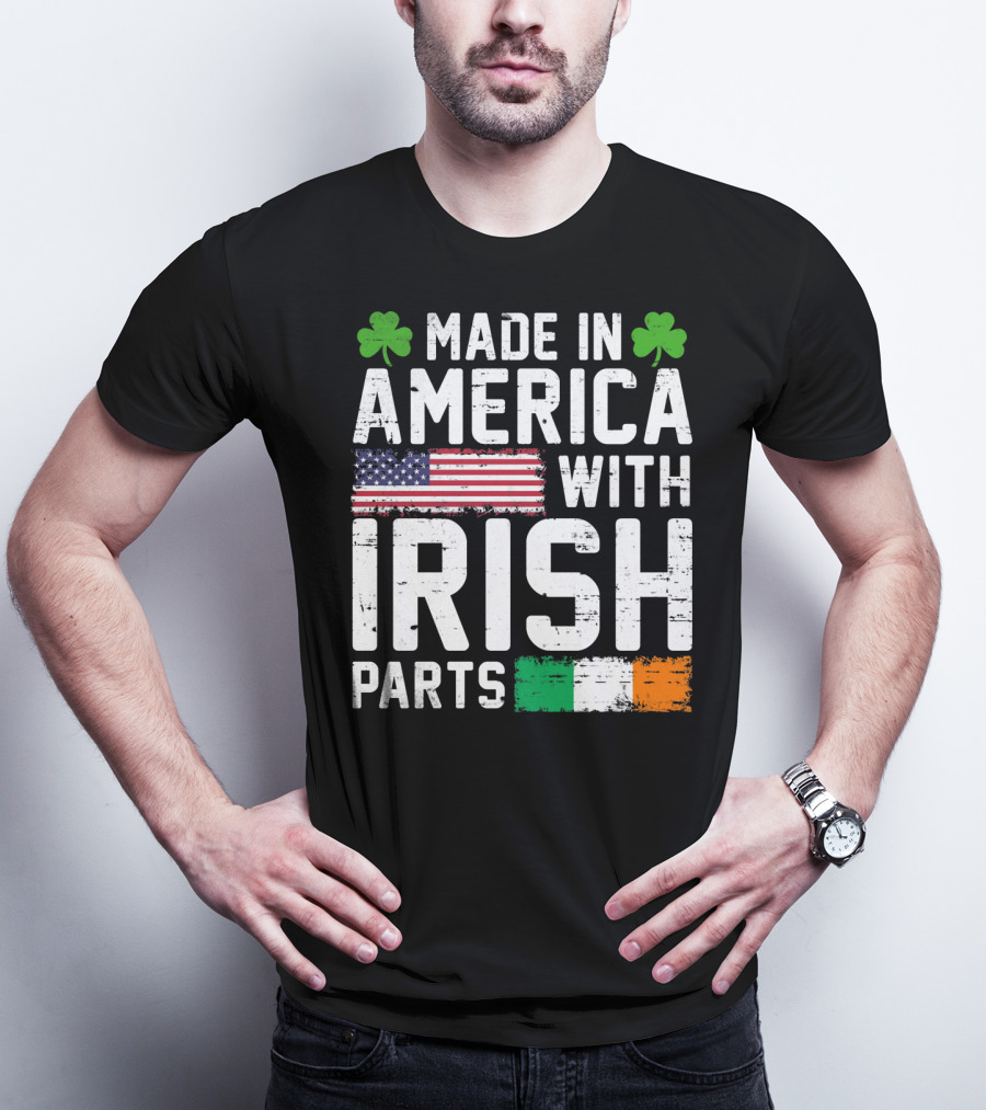 Made In America With Irish Parts Shamrock Flag Print T-Shirt