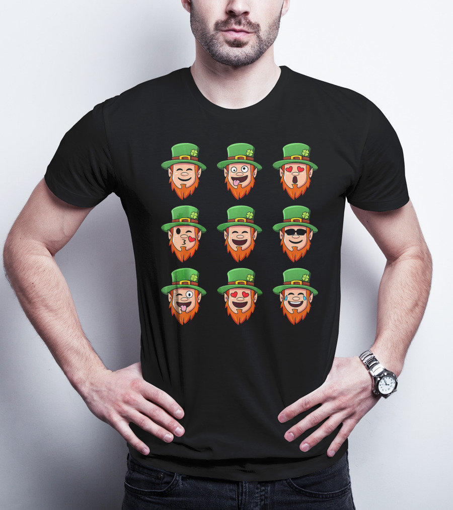 Leprechaun Emoji Faces With Various Expressions In Green Hat And Orange Beard T-Shirt