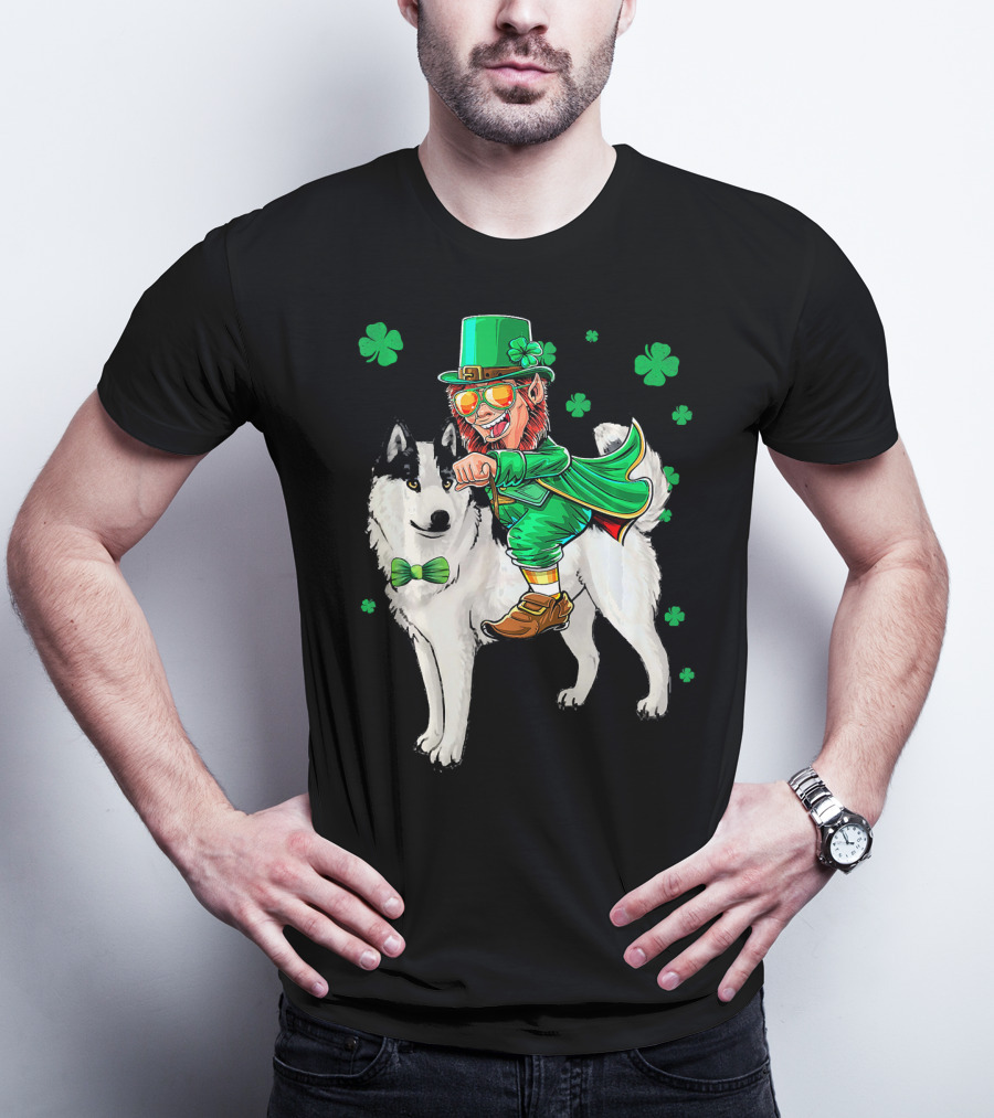 Leprechaun Riding Siberian Husky With Shamrock Bow Tie And Clover Background T-Shirt