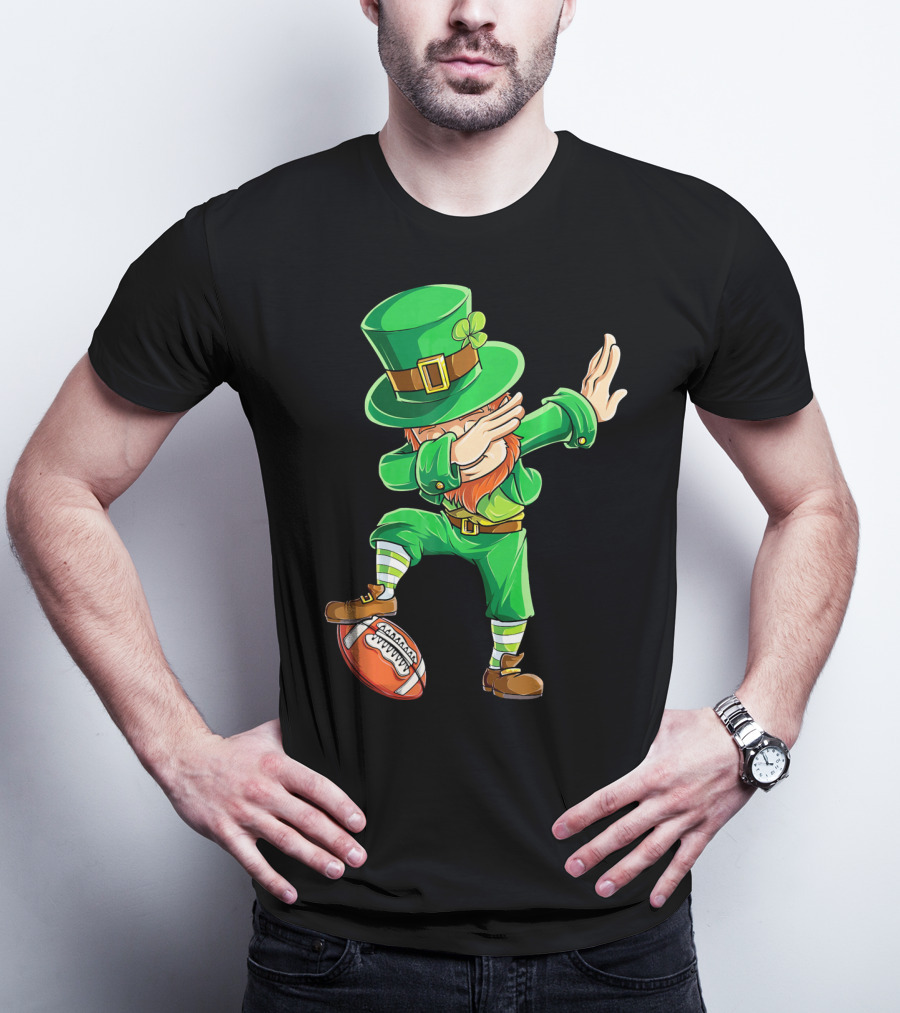 Leprechaun Dabbing On Football With Green Hat And Orange Beard T-Shirt