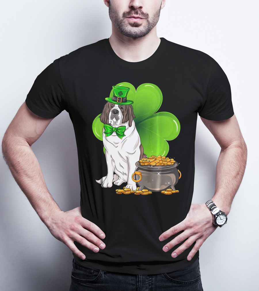 Saint Bernard Leprechaun St Patricks Day Pot Of Gold Clover T-Shirt