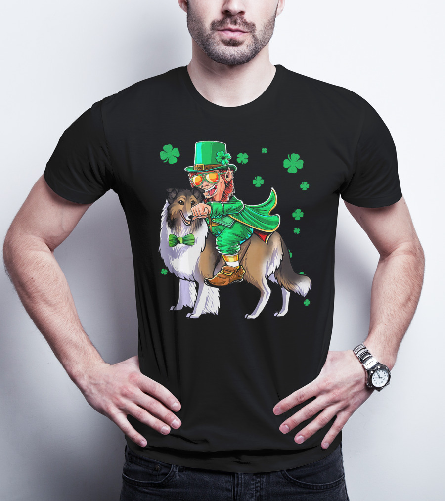 Leprechaun Riding Collie With Shamrocks For St. Patrick's Day T-Shirt