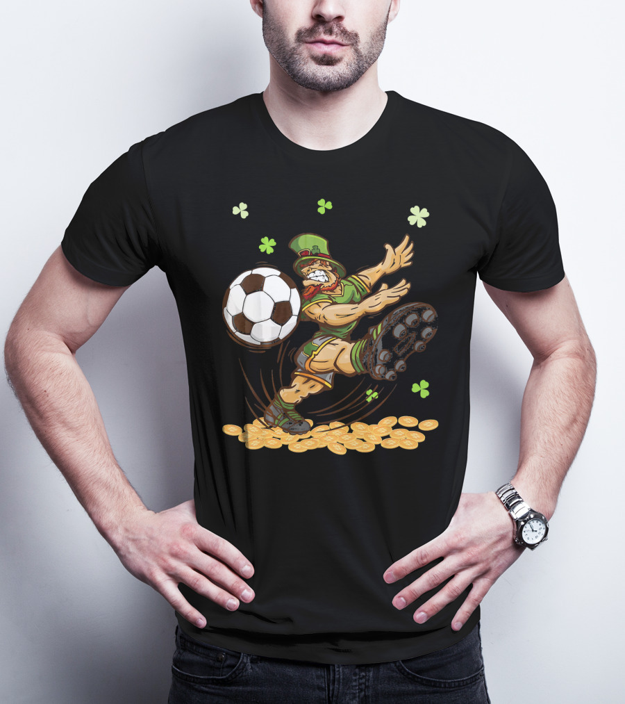 Leprechaun Playing Soccer Surrounded By Shamrocks And Gold Coins T-Shirt