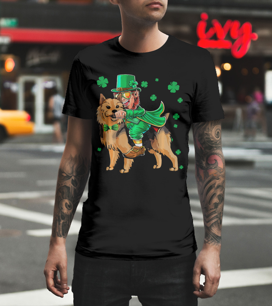 Leprechaun Riding Australian Terrier With Shamrocks T-Shirt