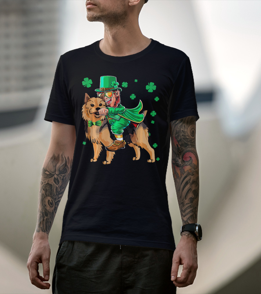 Leprechaun Riding Australian Terrier With Shamrocks T-Shirt