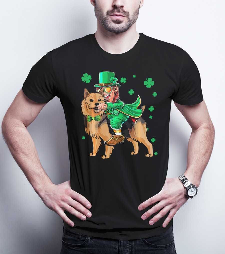 Leprechaun Riding Australian Terrier With Shamrocks T-Shirt