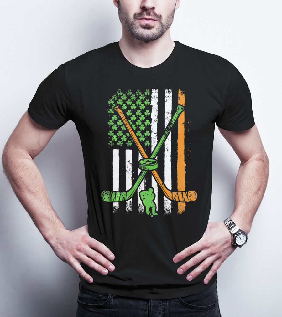 Irish American Flag Shamrock Hockey Sticks Player T-Shirt