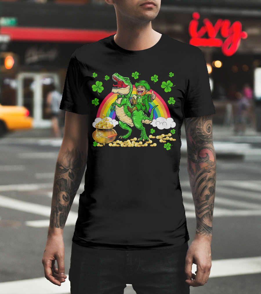 Leprechaun Riding Dinosaur With Rainbow And Pot Of Gold T-Shirt