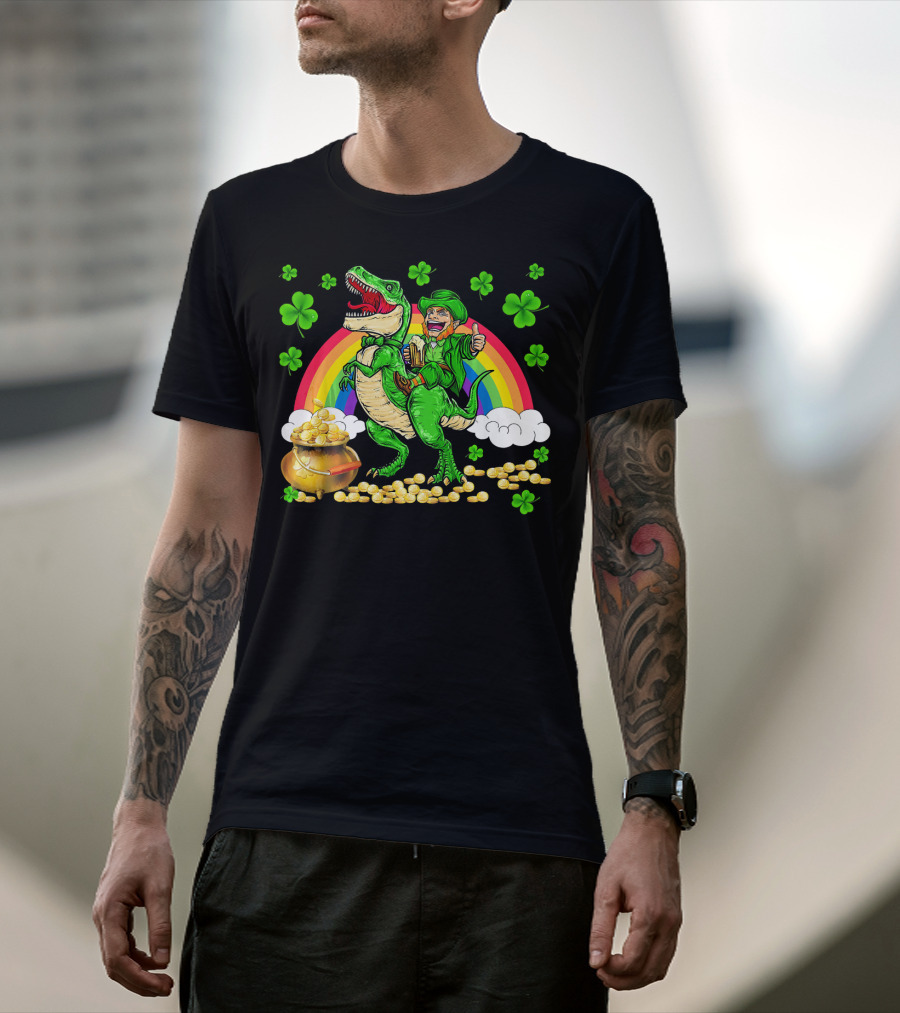 Leprechaun Riding Dinosaur With Rainbow And Pot Of Gold T-Shirt