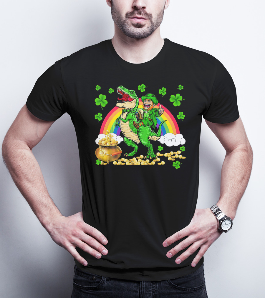 Leprechaun Riding Dinosaur With Rainbow And Pot Of Gold T-Shirt