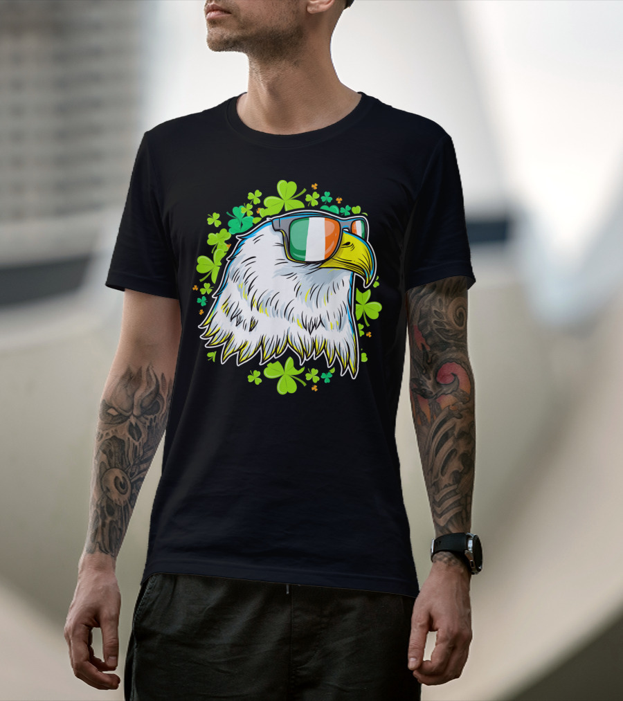 Mens Funny St Patricks Day Eagle Clover Sunglasses T-Shirt