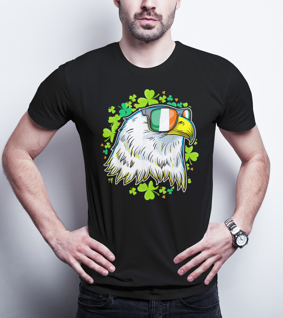Mens Funny St Patricks Day Eagle Clover Sunglasses T-Shirt