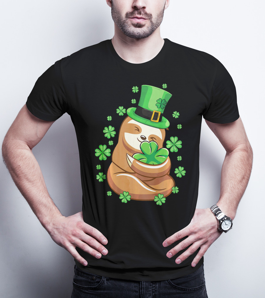 Lucky Sloth St Patricks Day Leprechaun With Shamrocks And Green Hat T-Shirt
