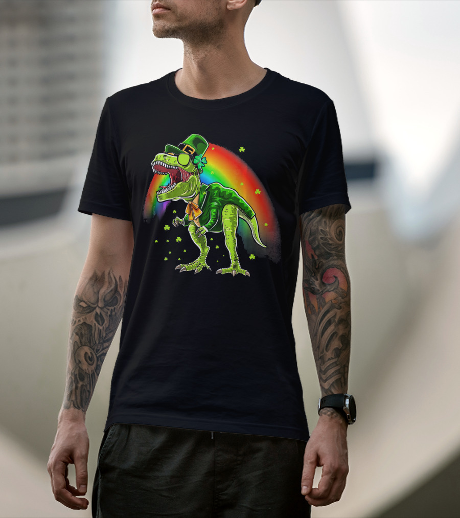 St. Patricks Day T-Rex Dinosaur Leprechaun With Rainbow And Shamrocks T-Shirt