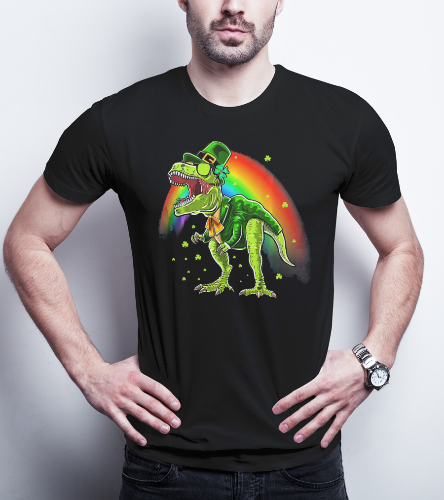 St. Patricks Day T-Rex Dinosaur Leprechaun With Rainbow And Shamrocks T-Shirt