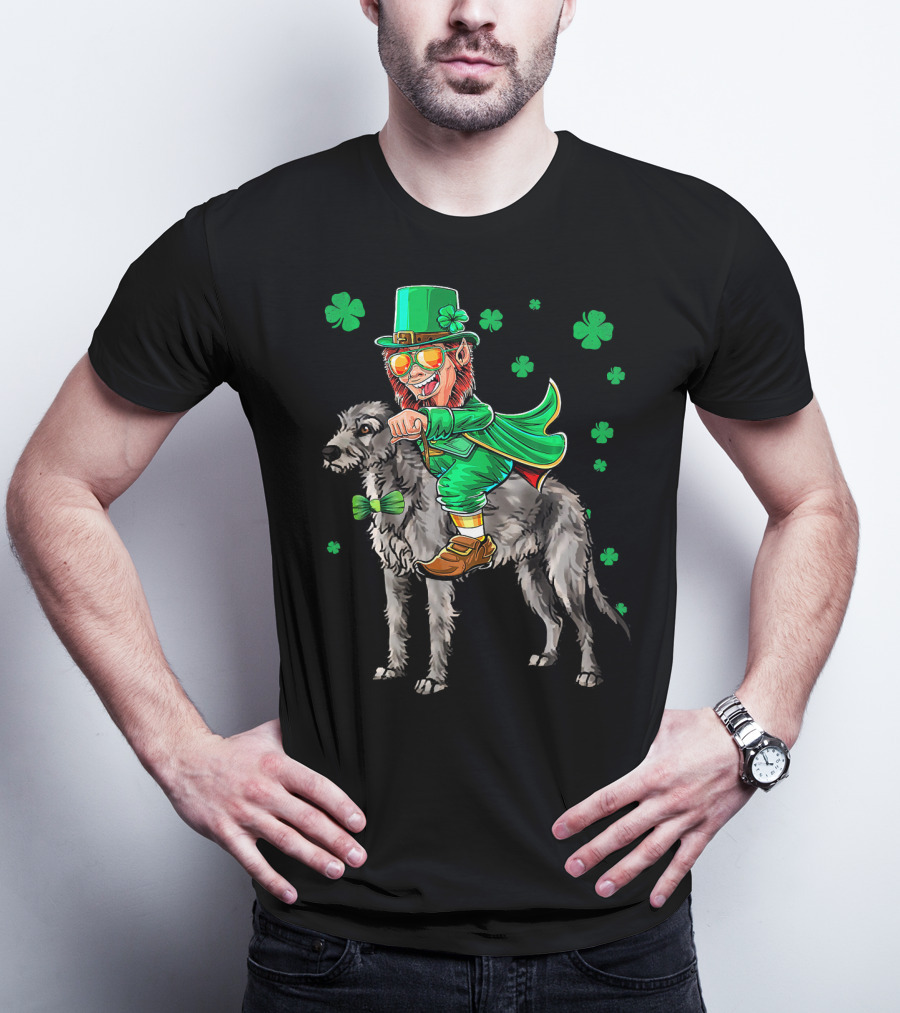 Leprechaun Riding Irish Wolfhound With Shamrock Symbols T-Shirt