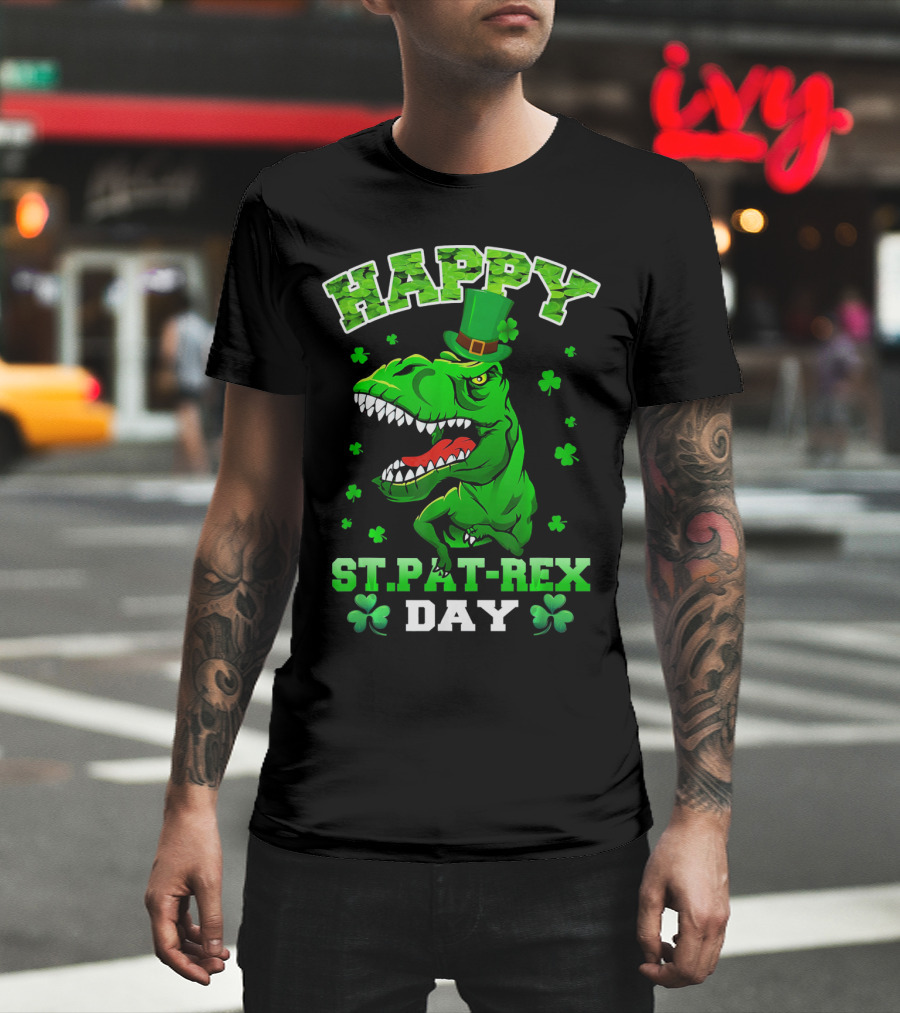 Happy St. Pat-Rex Day Dinosaur With Shamrocks T-Shirt