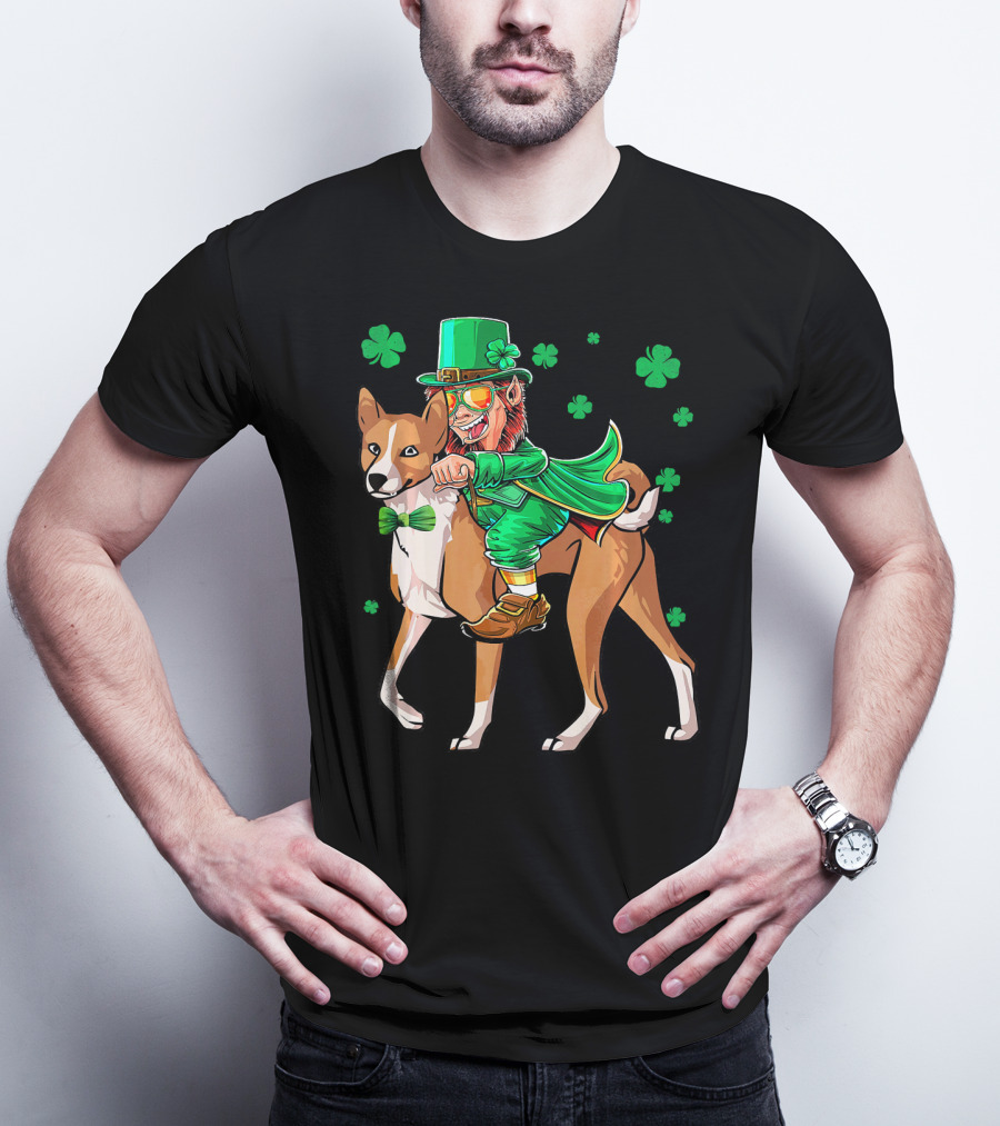 Leprechaun Riding Basenji With Shamrocks St Patricks T-Shirt