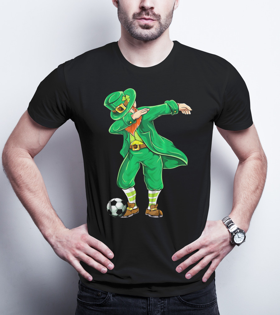 Dabbing Leprechaun Irish Soccer With Football And Shamrock Hat T-Shirt