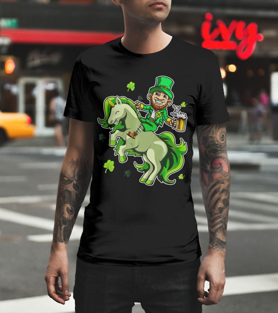 Leprechaun Riding A Green Unicorn Holding Beer With Shamrocks T-Shirt