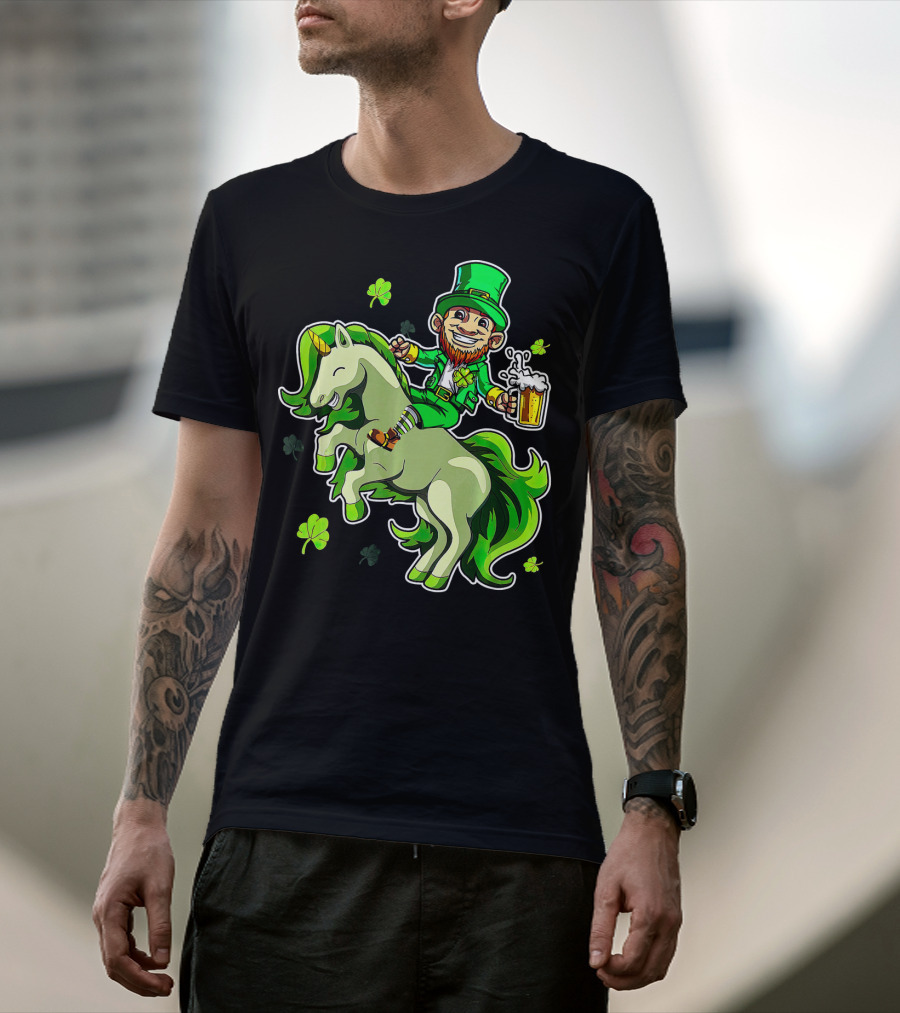 Leprechaun Riding A Green Unicorn Holding Beer With Shamrocks T-Shirt