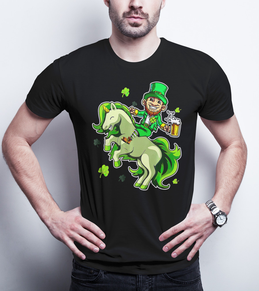 Leprechaun Riding A Green Unicorn Holding Beer With Shamrocks T-Shirt