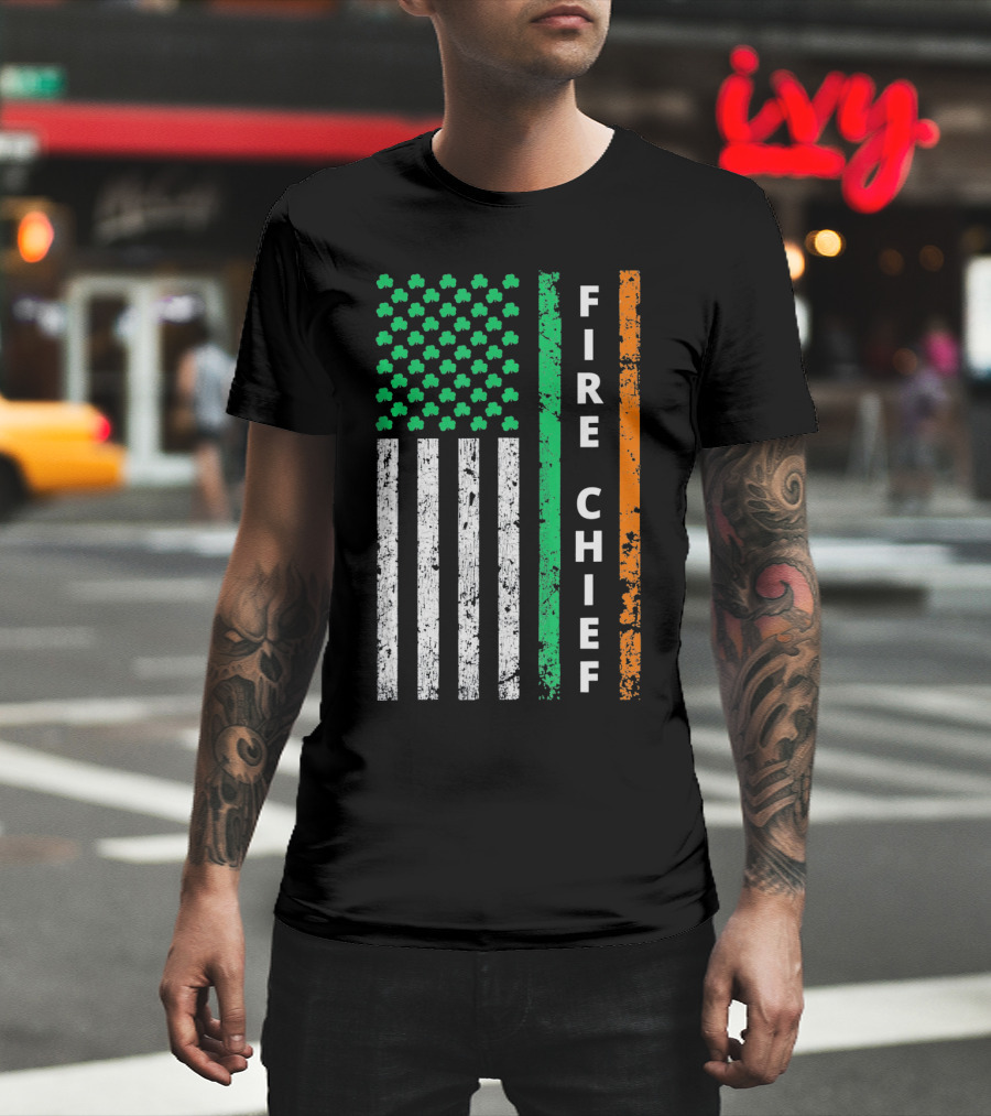 Fire Chief Irish Shamrock American Flag T-Shirt
