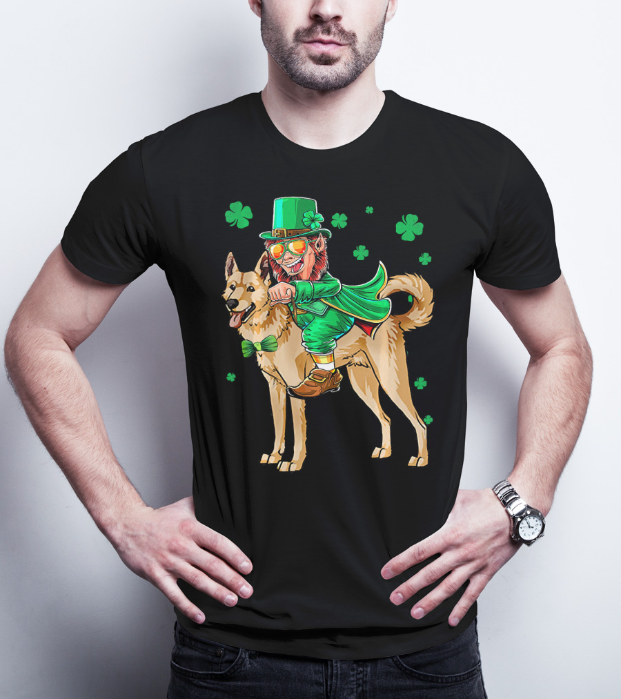 Leprechaun Riding Canaan Dog With Shamrock St. Patrick's Day T-Shirt