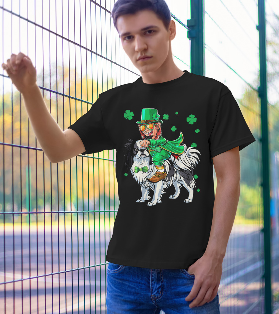 Leprechaun Riding Japanese Chin With Shamrock Clovers T-Shirt