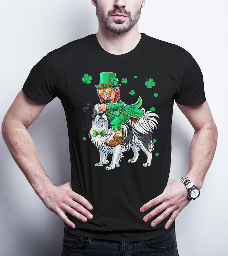 Leprechaun Riding Japanese Chin With Shamrock Clovers T-Shirt