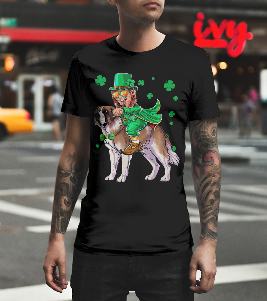 Leprechaun Riding Saint Bernard With Shamrocks T-Shirt