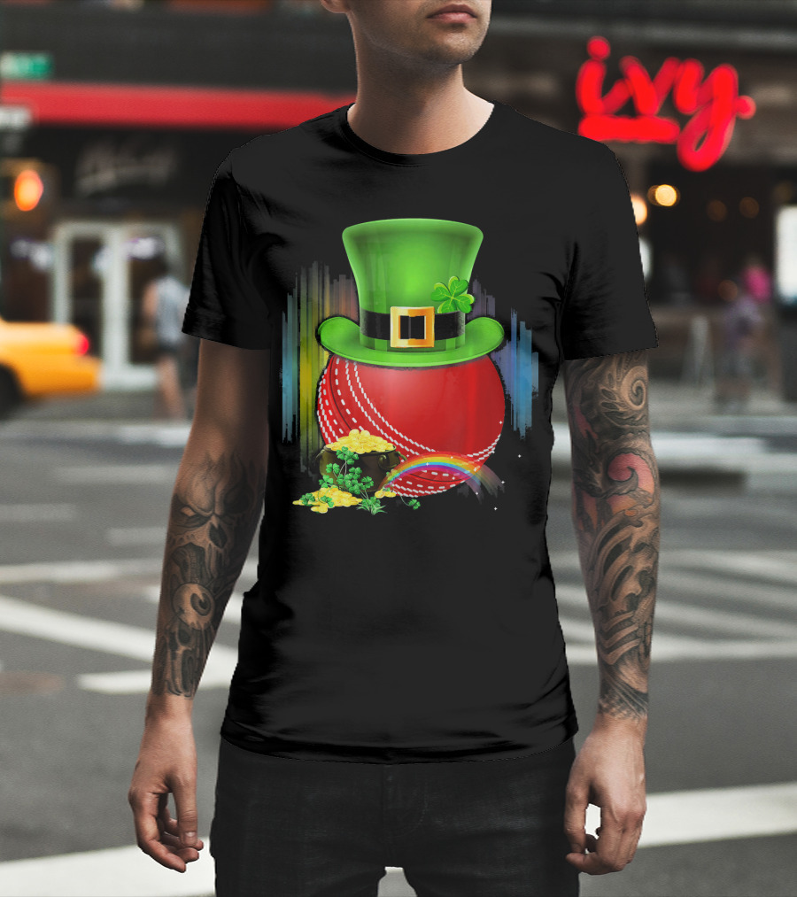 Cricket Ball Leprechaun Hat Rainbow Coin Saint Patricks T-Shirt