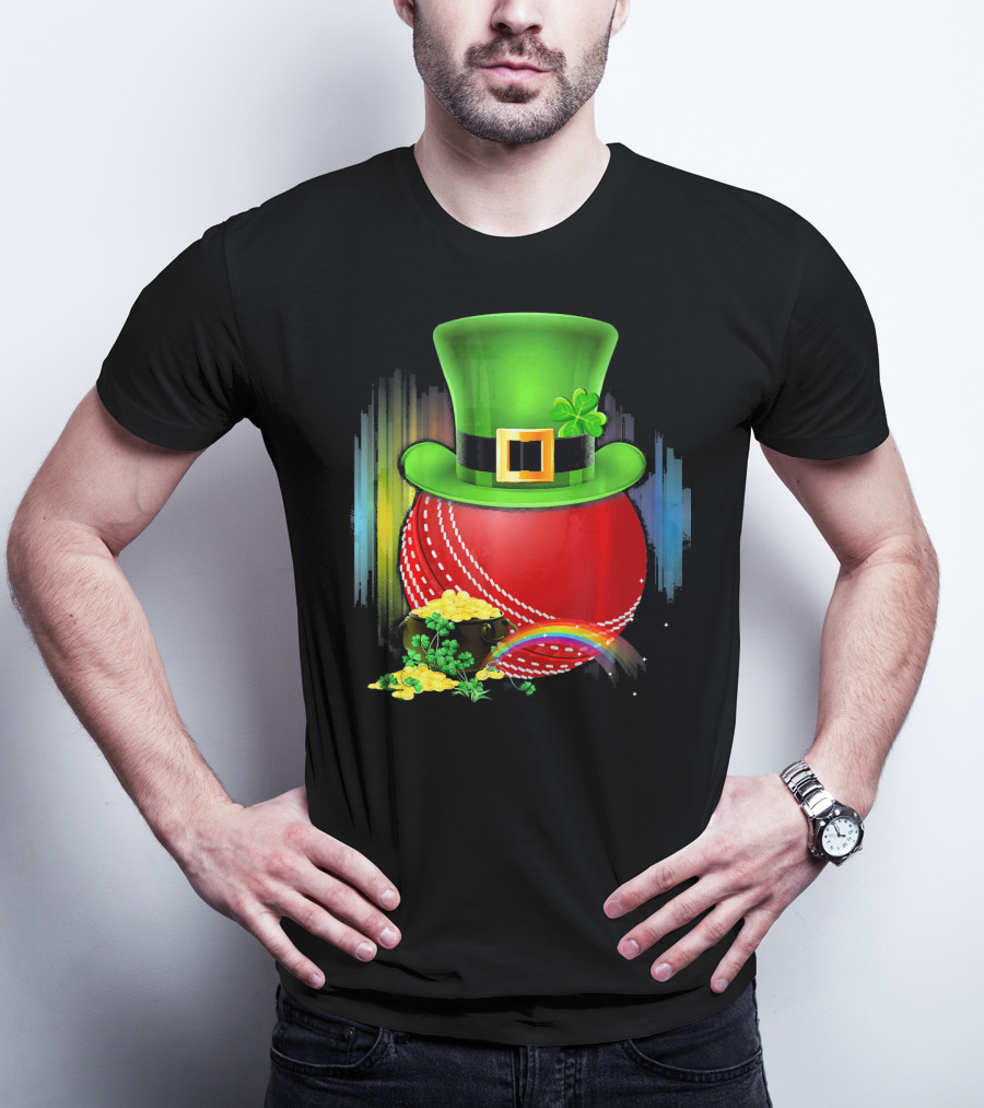 Cricket Ball Leprechaun Hat Rainbow Coin Saint Patricks T-Shirt