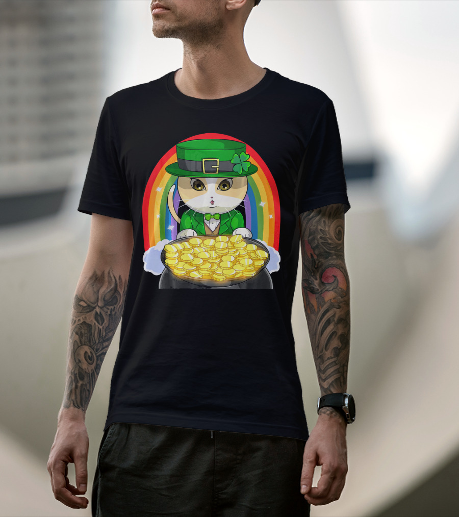 Exotic Cat Leprechaun Pot Of Gold Rainbow Happy St Patricks T-Shirt