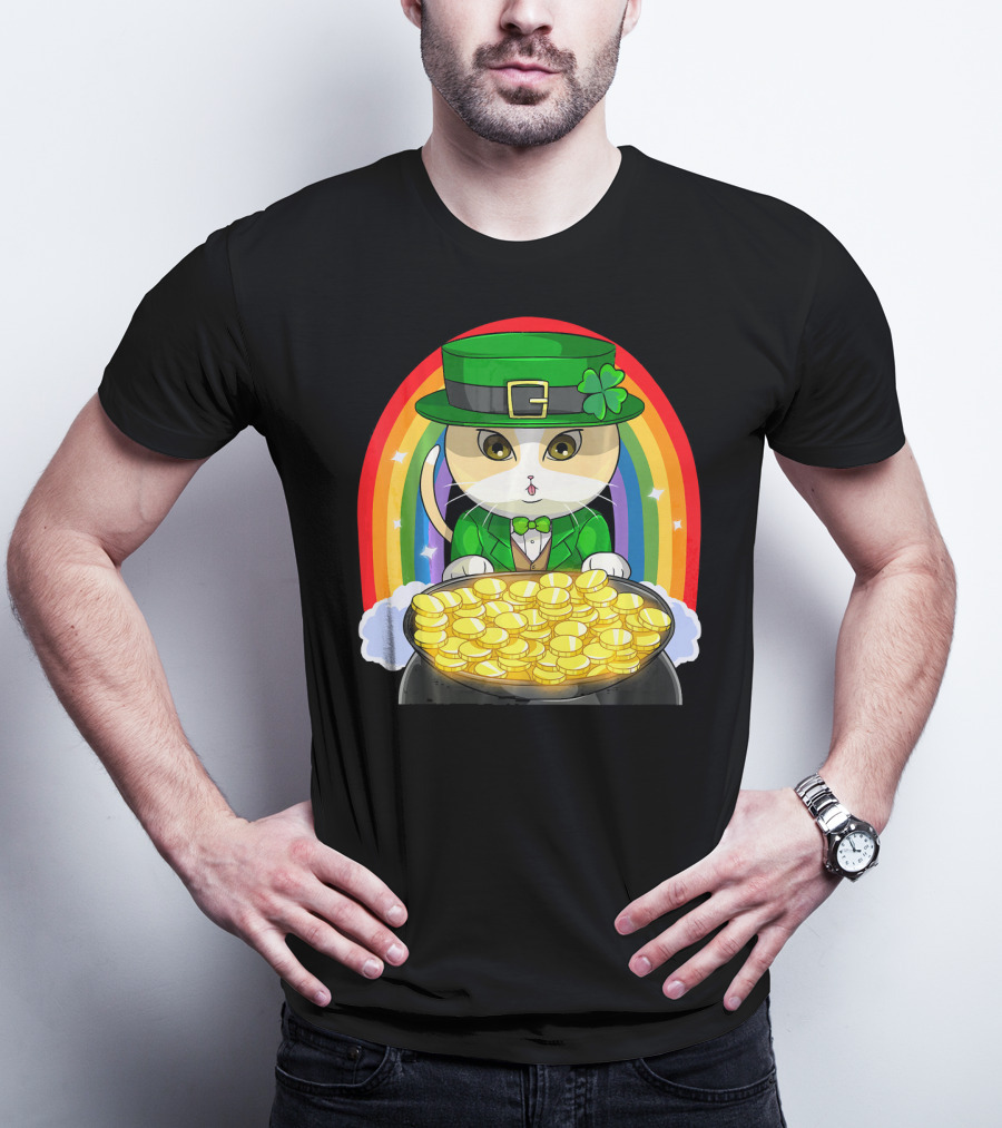 Exotic Cat Leprechaun Pot Of Gold Rainbow Happy St Patricks T-Shirt