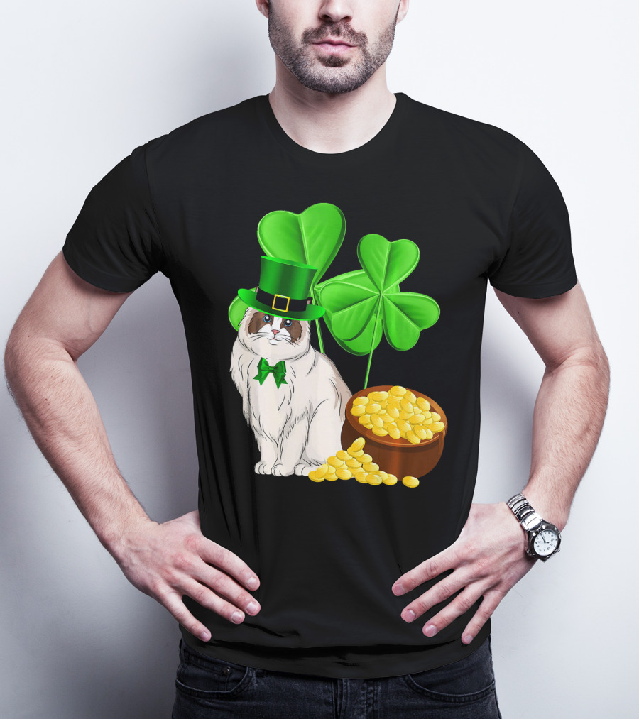 Himalayan Cat St Patricks Day Leprechaun Shamrocks And Gold Coins T-Shirt